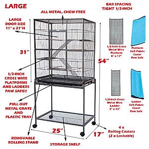 54" Large Wrought Iron 4-Tiers Chew Proof Tight 1/2-Inch Bar Spacing Ferret Chinchilla Sugar Glider Rats Mouse Cage with Detachable Rolling Stand