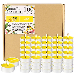100 Pack Scented Tealight Candles 4 Hours, Lemon Aromatherapy Candles for Votive Home, Wedding Holiday and Emergency (Yellow)
