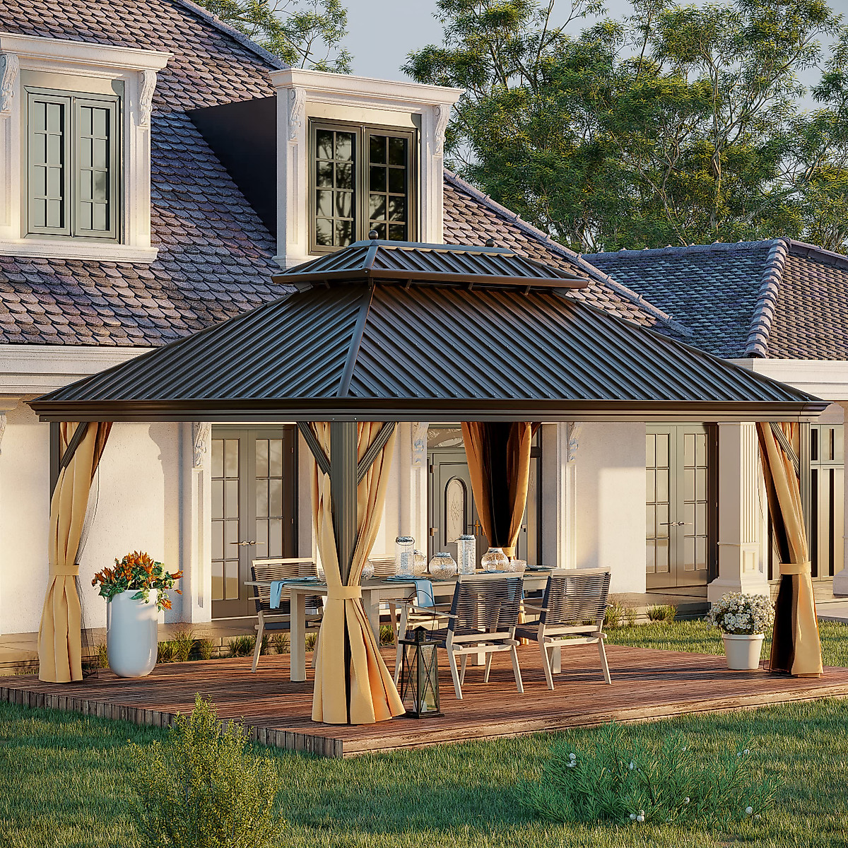 GAZEBEST 12'x16' Hardtop Gazebo Outdoor Aluminum Patio Gazebo Double Roof Galvanized Steel Gazebo Canopy with Netting and Curtains,for Garden Patio,Patio Backyard,Deck and Lawns
