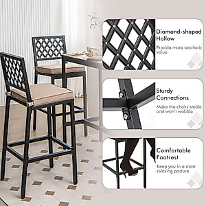 COSTWAY 2 PCS Patio Bar Chairs, Heavy-Duty Metal Frame Bar Stools Set of 2, Indoor Outdoor All-Weather Resistant Barstools with Detachable Cushion & Footrest, for Patio, Garden, Poolside(2)