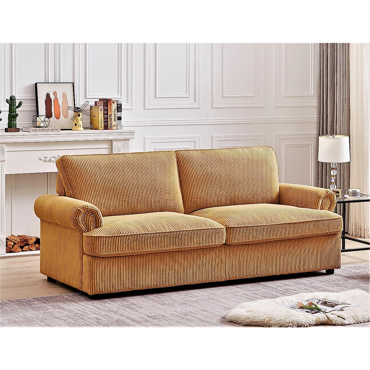 Container Furniture Direct Reversible Sleeper Sofa with Memory Foam Mattress, Comfortable and Durable Full Size Bed Couch for Living Rooms, Upholstered with Corduroy Fabric, 70" Wide, Ginger