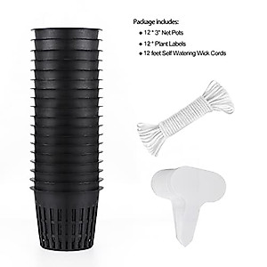 12 Pack 3 inch Net Cup Pots with 12 feet Hydroponic Self Watering Wick & 12 Plant Labels Aquaponics Mason Jar Bucket Insert Orchid kratky Vegetable Gardening Growing Netted Baskets Slotted Mesh