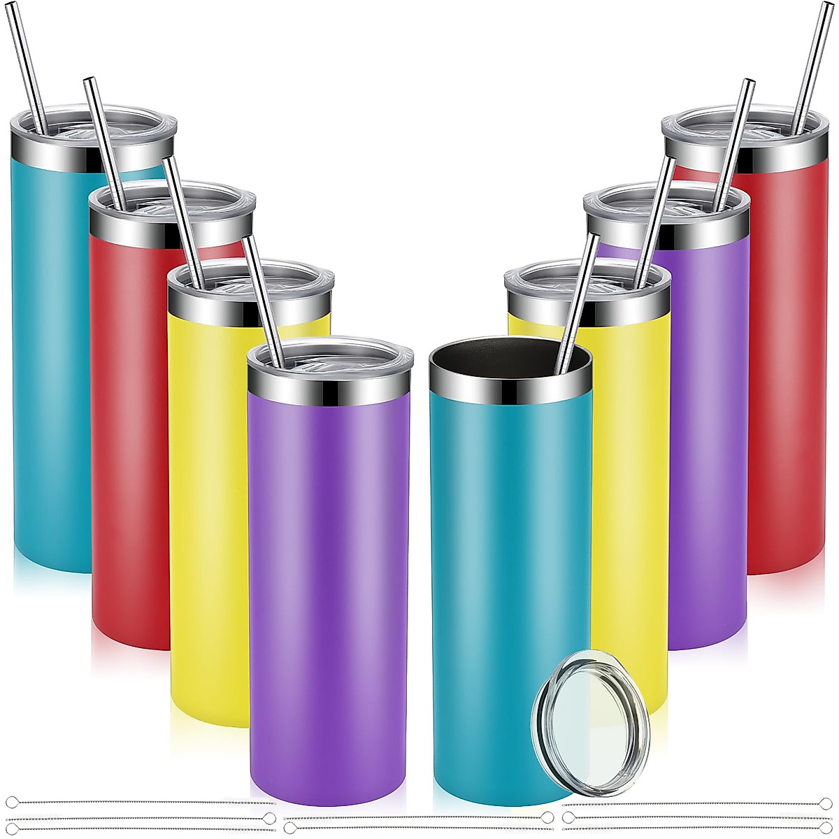 Skinny Tumblers Bulk 20 oz Stainless Steel with Lids and Straws Blank Slim Insulated Cup Double Layer Water Cups for Travel, DIY(Green, Yellow, Purple, Red,8 Pcs)