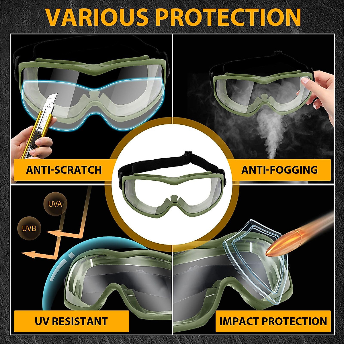 Qavctw Airsoft Goggles Anti Fog, Outdoor Sports Goggles Tactical Military Glasses for Games Sports Shooting Hunting Paintball Riding Cycling, Safety Dust Goggles Fits Most Helmets