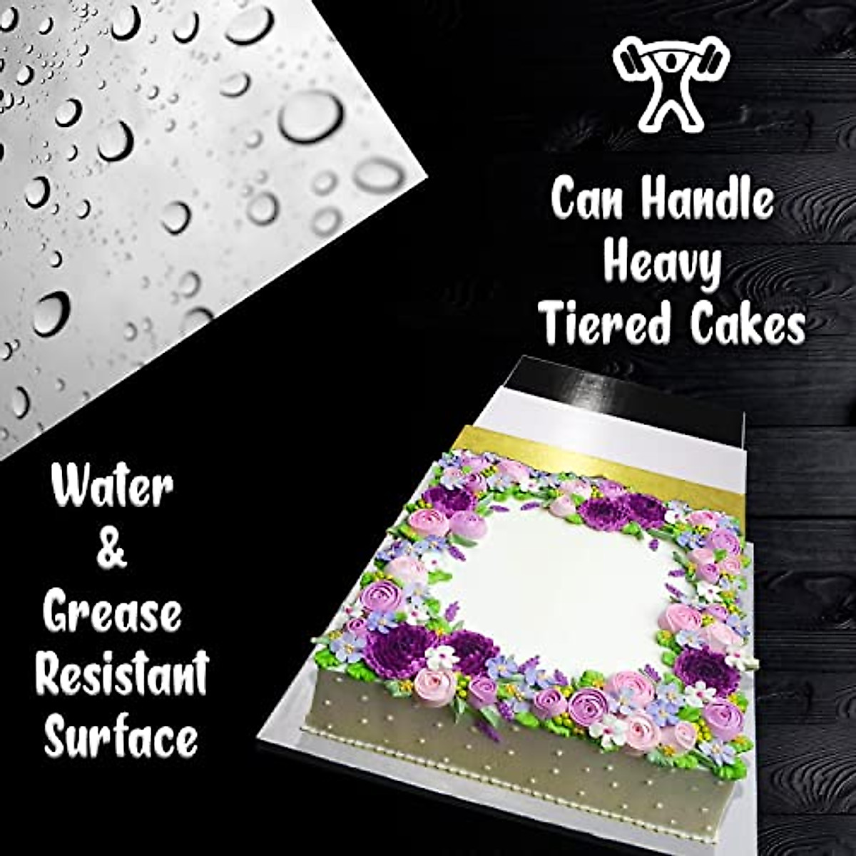 [ 16 Pack ] Square Cake Drums in 2 Sizes and 4 Colors - Black, Gold, Silver & White. 10 Inch and 12 Inch - 1/2 Inch Thick with Smooth Edge. Use as Cake Base, Cake boards and its Reusable