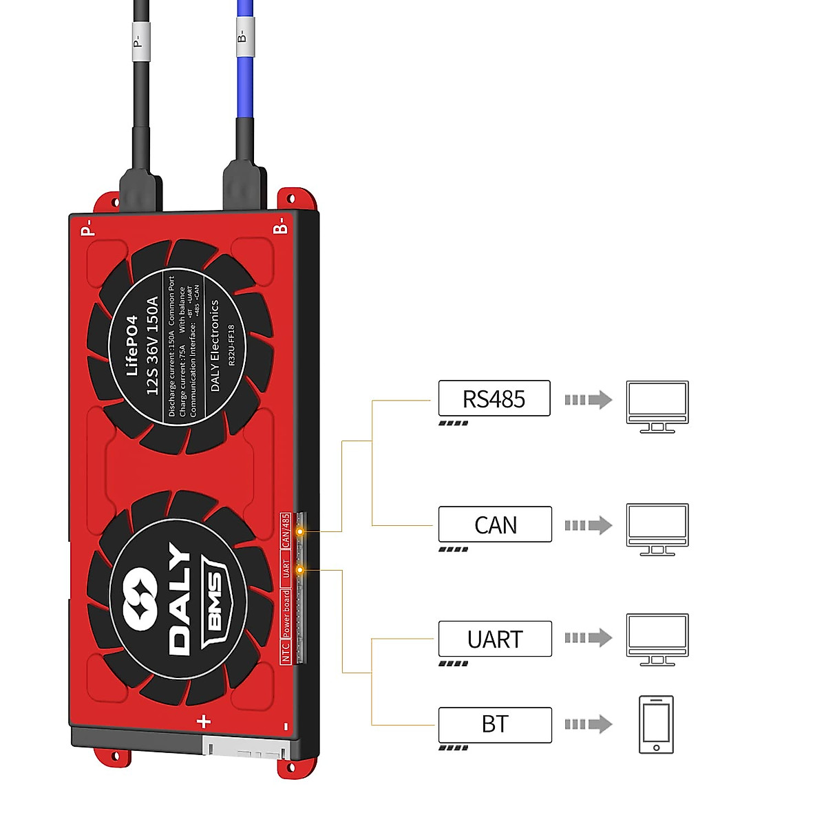 DALY Smart BMS LiFePo4 12S 36V 150A PCB Battery Protection Board with UART Communication and CAN 485 Bluetooth Battery Monitoring Module for Household Energy Storage