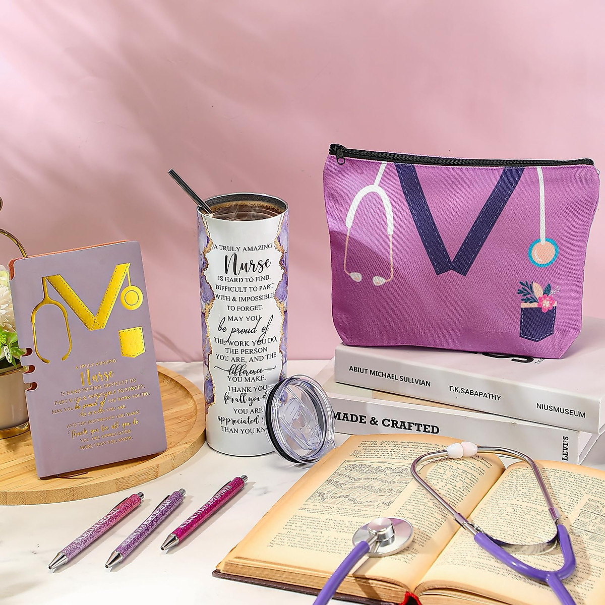 Domensi 6 Pcs Nurse Week Appreciation Gifts for Women Medical Nursing Assistant 20 oz Marble Sign Tumbler Makeup Bag Notepad with Ballpoint Pen for Graduation Nursing Student(Purple)