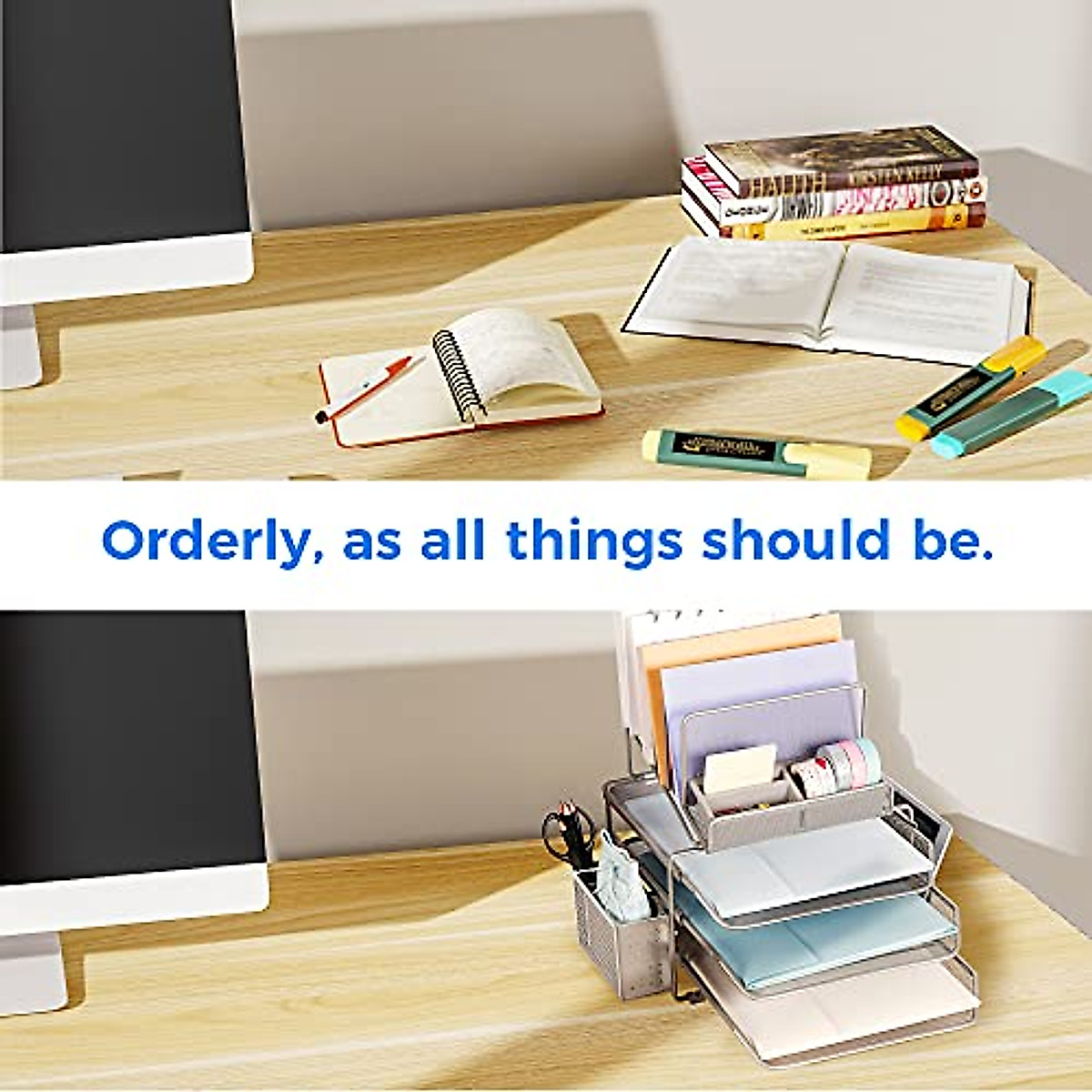 DESIGNA Stackable Mesh Desk Organizer with 3 Sliding Letter Trays 4 File Holders 2 Side Compartments & Pencil Holder Non-slip All In One Desktop Accessories Organizers Office Storage, Champagne