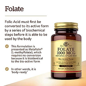 Solgar Folate 1000 mcg, 120 Tablets - 1000 mcg Bio-active Metafolin - Heart Health - Vegan, Gluten Free, Dairy Free, Kosher - 120 Servings