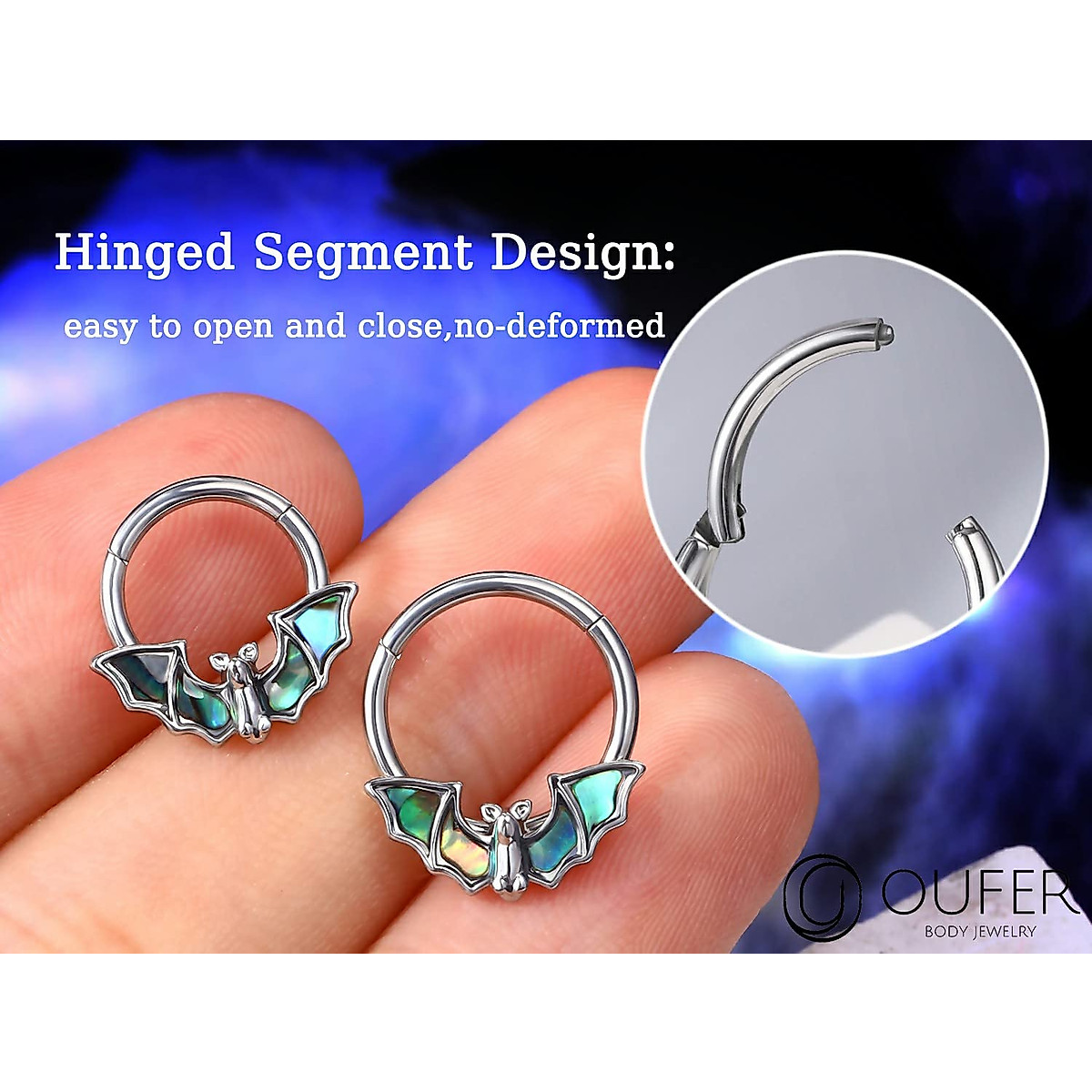 OUFER 16G Septum Rings Hoops, 316L Stainless Steel Septum Piercings, Black Bat Design Cartilage Earrings, Helix Conch Daith Piercing Jewelry for Women and Men-10MM