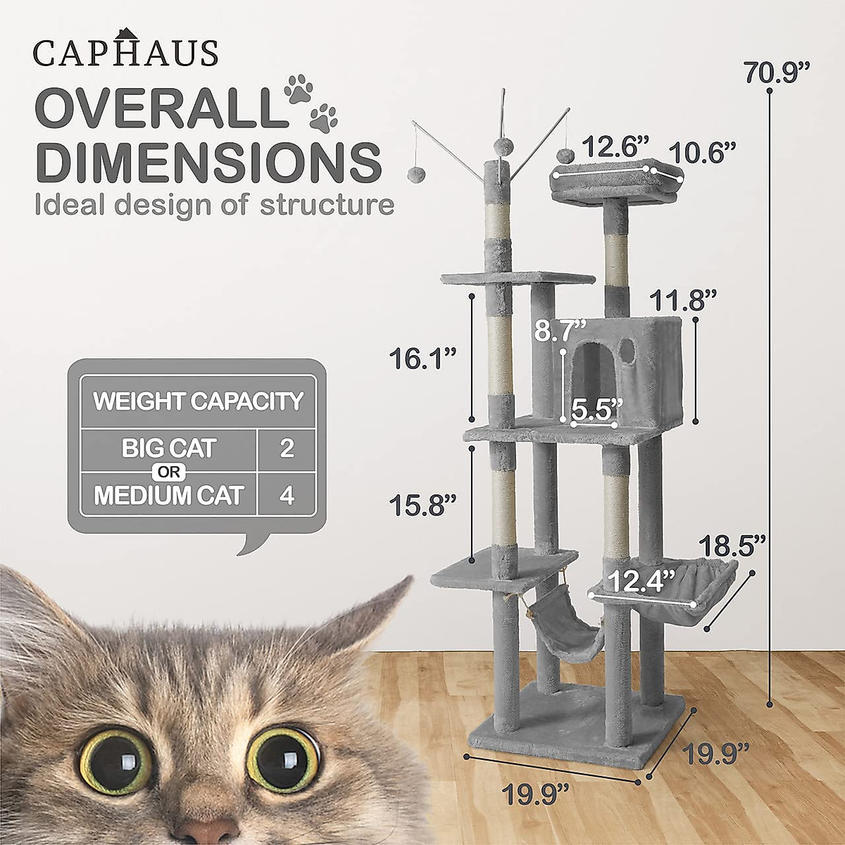 CAPHAUS 70-Inch Activity Tree with Hammock, Multi-Level Modern Cat Climbing Play Tower w Tall Top Perch, Cat Cave Condo, Indoor Cat Treew Cute Scratching Posts for Large Cats Kittens