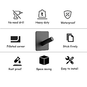 EDMILE Adhesive Towel Hooks 6 Pack, Bath Towel Hooks, Adhesive Wall Hooks for Bathroom Coat Robe Kitchen, Stainless Steel self-Adhesive Hooks, Black