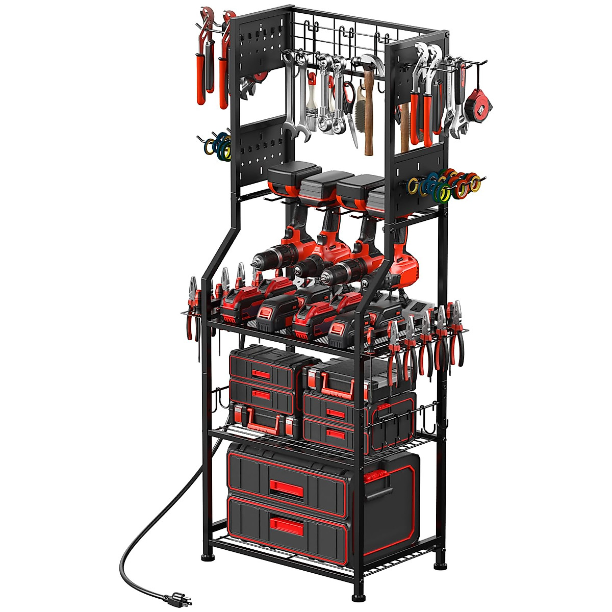 CCCEI Garage Small Power Tools Organizer Floor Stand, Drill and Battery Storage Rack with Charging Station, All Metal Tool Shelf with Pegboard and Hooks, Gift for Men.