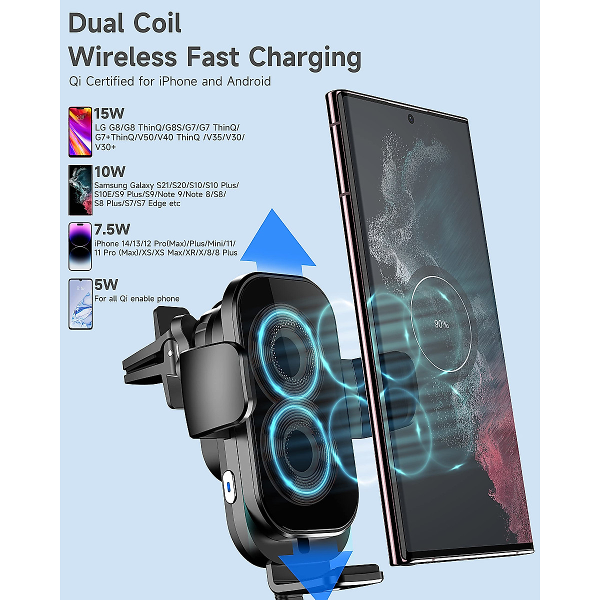 【Dual Coils & 2 Vent Mounts】 Wireless Car Charger, Casunit 15W Dual Coil Fast Charging Auto-Clamping Car Mount for iPhone 14 13 12 Pro Max Mini/Samsung Galaxy Z Flip 4 3 5G S21/LG/Pixel 6 Pro (Black)
