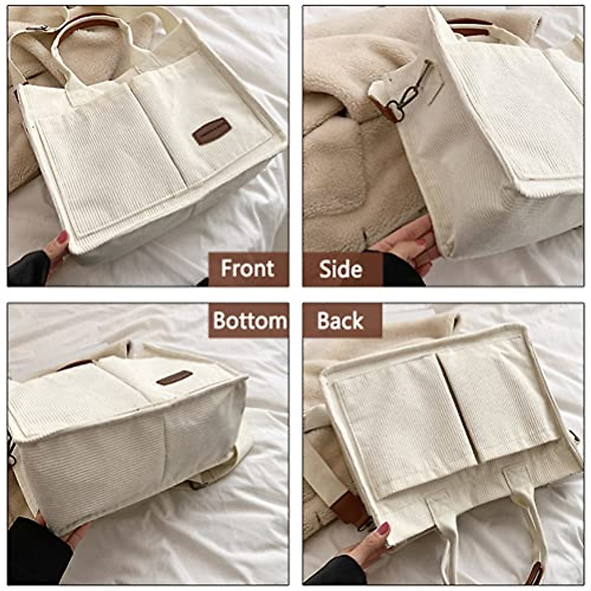 GOQUFOY Corduroy Tote Bag for Women with Zipper Pockets Beige Cross Body Purses Canvas Crossbody Work Satchel Handbags Cute Puffer Shoulder Bag School Hobo Travel Hand Bags Messenger Teen Girls Trendy
