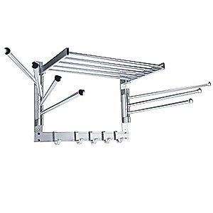 Yaegoo Clothes Drying Rack, Foldable Wall Mounted Laundry Drying Rack, Drying Rack Swivel Towel Rack with Hooks and Swing Arms, Space Saver Clothes Rack in Laundry Room and Bathroom