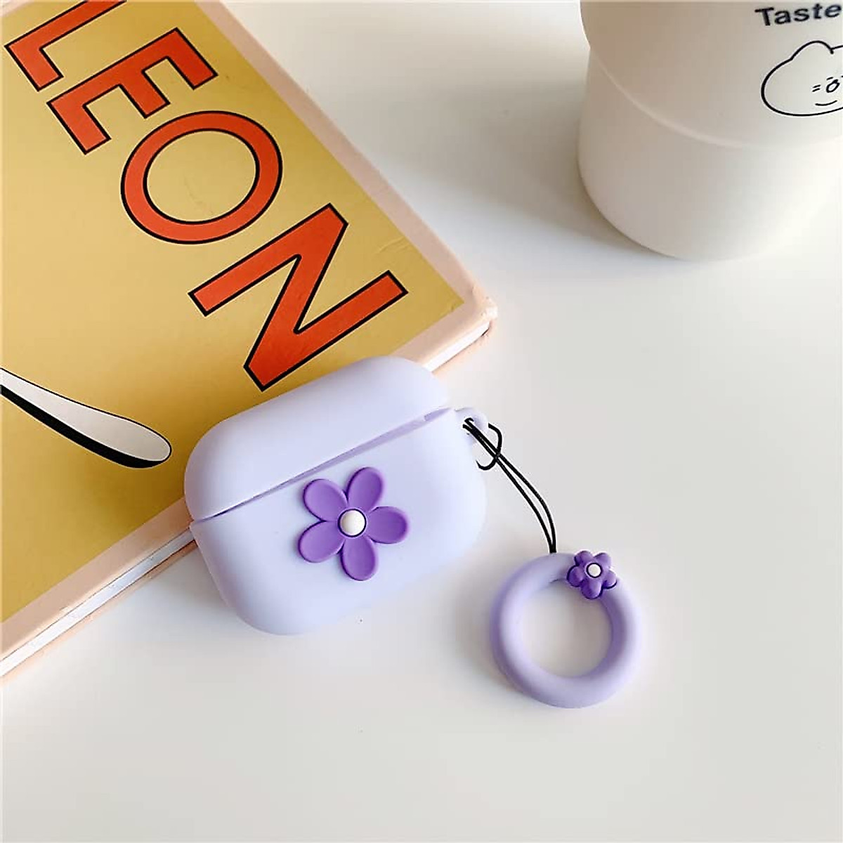 Ownest Compatible for AirPods Case Cute Cartoon Flower Pattern Girls Woman Soft Silicone Shockproof Keychain Design Cover for Airpods Pro-Purple