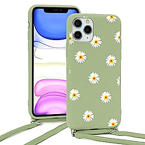 Eouine Crossbody Case for Samsung Galaxy A11 [6.4"] - Neck Cord Lanyard Strap with Samsung A11 Case - Anti-Scratch Green Silicone Pattern TPU Adjustable Necklace Strap - Daisy