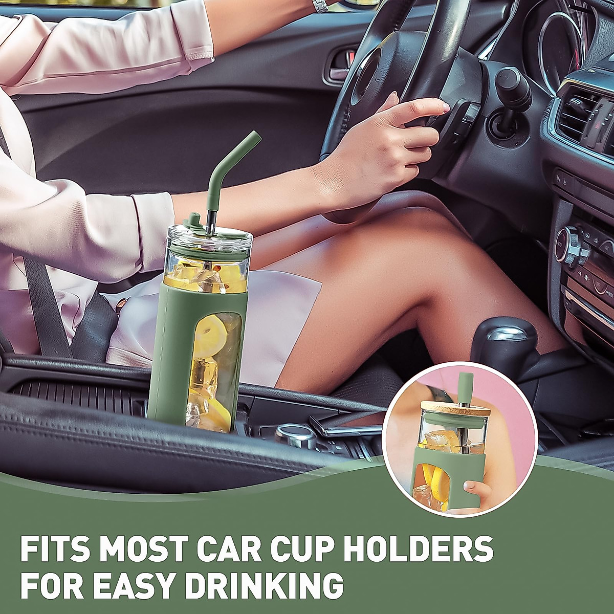 Kodrine 24oz glass tumbler with straw and lid,Iced coffee cup, Leak-proof Lid and Straw,Smoothie Cup With Bamboo Lid,Fit in Cup Holder, BPA Free, Dishwasher Safe (1, Olive)