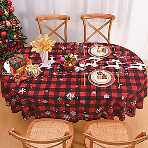 Alishomtll Christmas Tablecloth Oval 60x84 Inch, Red and Black Checkered Table Cloth Oval Tables for Christmas Decor, Snowflake Waterproof Table Decorations
