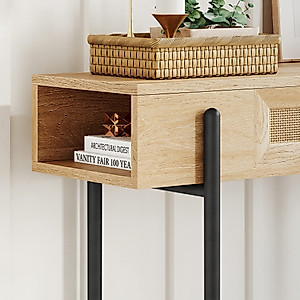 IDEALHOUSE Console Table Rattan Sofa Tables Narrow Entryway Table with Drawer and Storage, 40” Behind Couch Table Hallway Table Boho Desk Home Furniture for Living Room, Foyer, Bedroom
