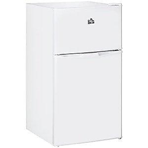 HOMCOM Double Door Mini Fridge with Freezer, 3.2 Cu.Ft Compact Refrigerator with Adjustable Shelf, Adjustable Thermostat and Reversible Door for Bedroom, Dorm, Home Office, White