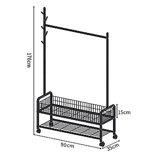 OTBK Rolling Metal Coat Rack Two Shelves Clothing Hooks Garment Rack Organizer with Wheels Bottom Shelves for Clothes Hats Bags (Color : Black)