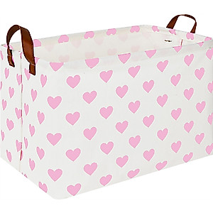HKEC Rectangle Pink Heart Gift Basket,Girl Storage Basket,Pink Easter Basket,Kids Toys Bin for Playroom Bedroom,Room Decor,Books Shelf Baskets（Pink Heart