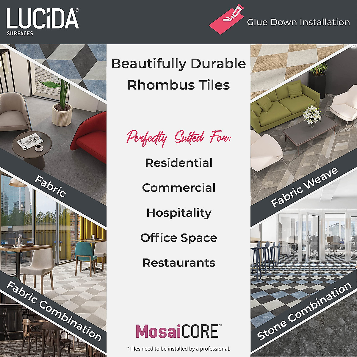 Lucida Surfaces Luxury Vinyl Floor Tiles | Glue Down Adhesive Flooring | Marble Look Rhombus Shaped Tile | MosaiCore | Single Sample Tile