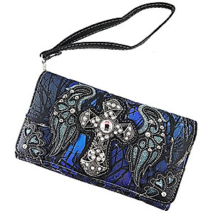 Justin West Camouflage Tree Branches Bling Rhinestone Cross Wings Handbag Purse Messenger Bags and Wallets (Blue Cross Handbag and Wallet)