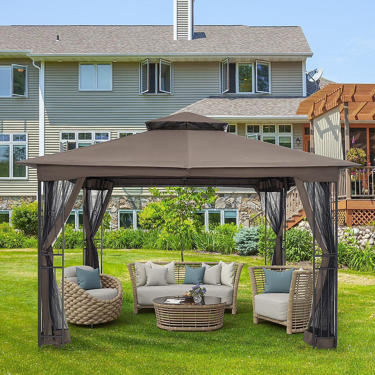 HAPPATIO 10' X 12' Patio Gazebo with Ventilation Double Roof, Outdoor Gazebo with Mosquito Netting for Lawn, Garden (Dark Brown)