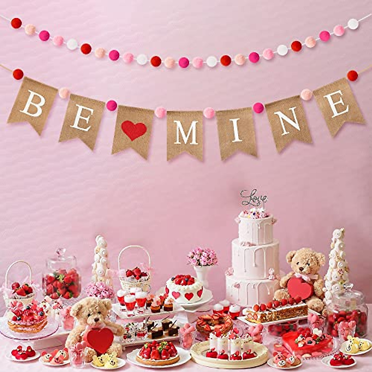 WATINC 2PCS Valentine's Day Burlap Banners Pom Pom Garland Set, Be Mine Burlap Banner with Felt Ball Decoration, Valentine Wedding Anniversary Party Bunting Garland Lover Romantic Hanging Decors