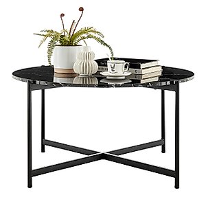 Danya B. Round Contemporary Marble Finish Veneer Top Black Metal Large Coffee Table - White or Black Marble (Black Marble)