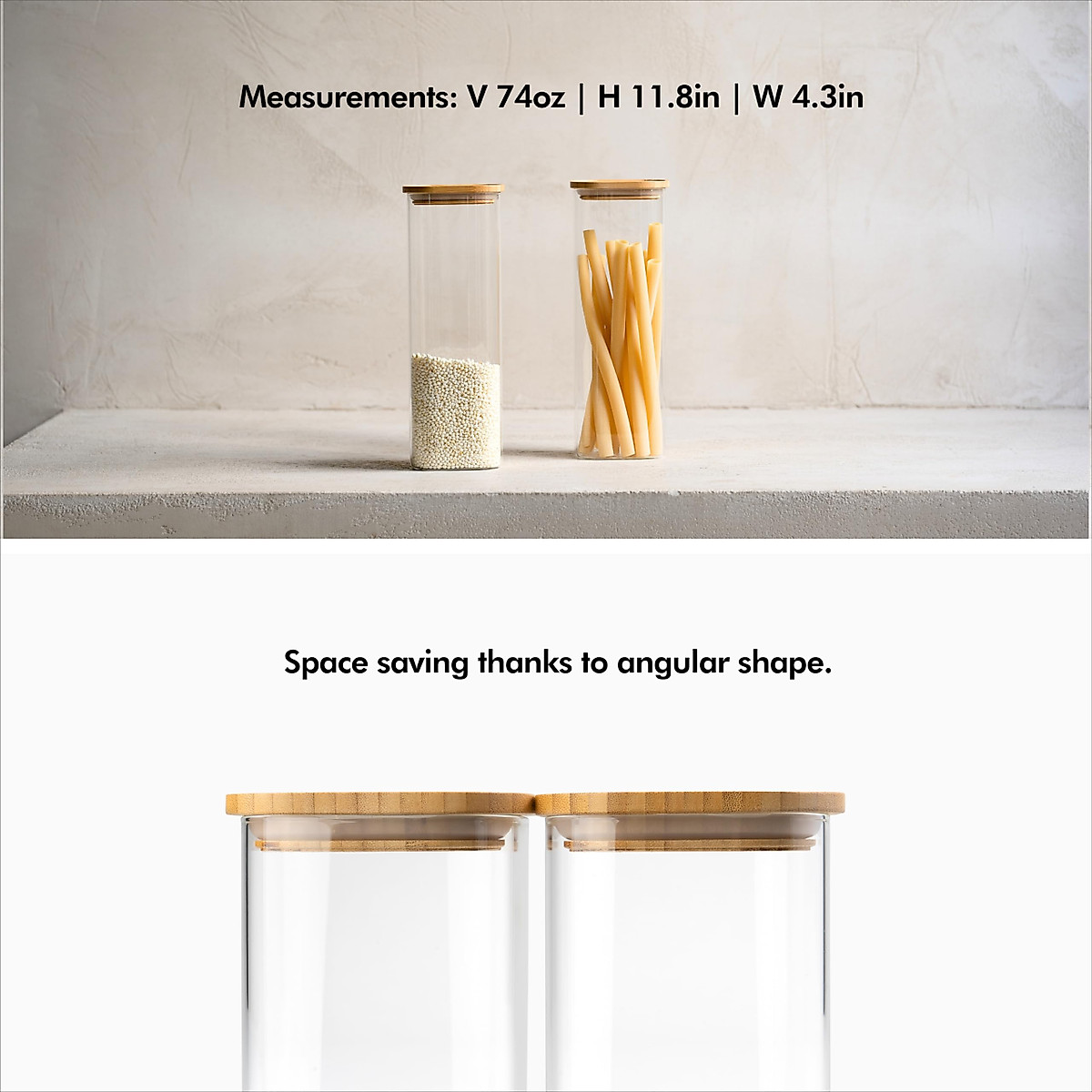 KIVY Square Glass Jars with Bamboo Lids [2x 74oz] Glass airtight food storage containers - Pasta containers storage - Spaghetti container - Pasta containers for pantry flour Jar - Large glass jars