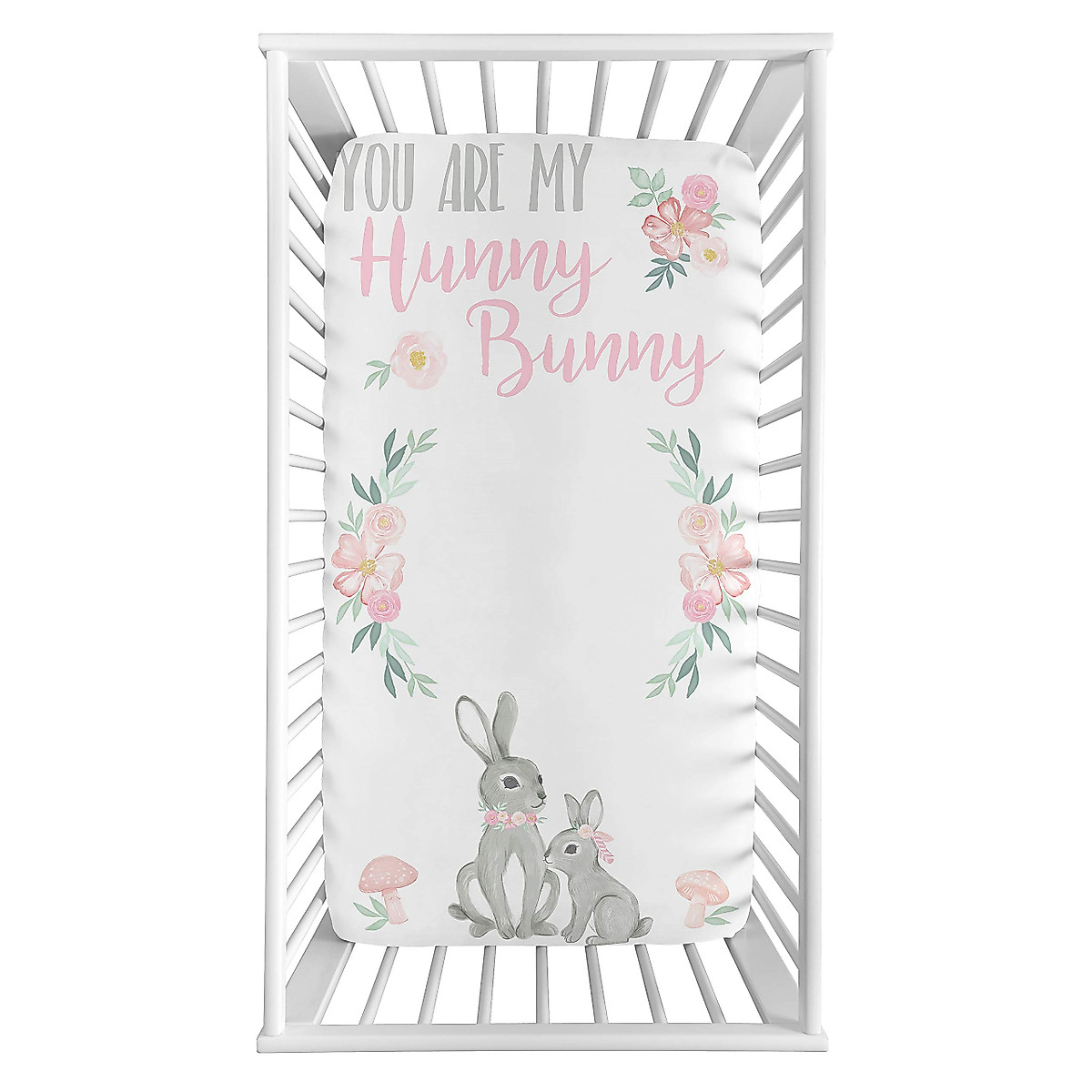 Sweet Jojo Designs Woodland Bunny Floral Girl Fitted Crib Sheet Baby or Toddler Bed Nursery Photo Op - Blush Pink and Grey Boho Watercolor Rose Flower Forest
