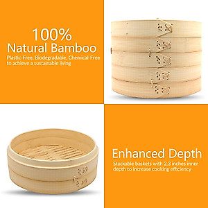 HAPPi STUDIO Bamboo Steamer Basket With Steamer Ring - 10 inch Dumpling Steamer Basket - Large Bamboo Steamer for Cooking Bao Buns, Dim Sum - Chinese Steamer Bamboo Steam Basket - Steaming Basket
