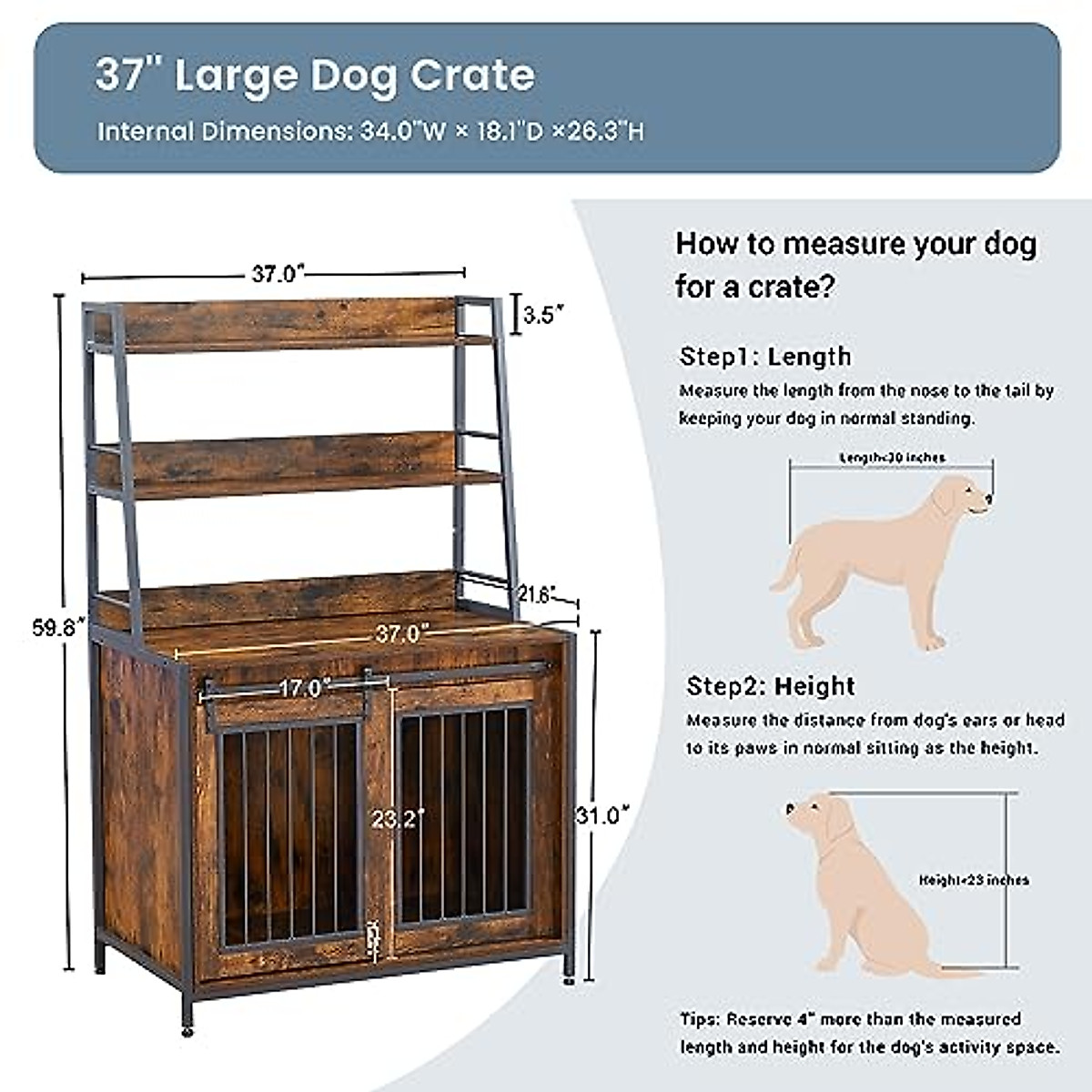 Lyromix 37'' Dog Crate Furniture with Shelves for Small to Medium Pets, Wooden Cage End Table Side Table, Heavy Duty Indoor Puppy Kennel with Sliding Door, Brown