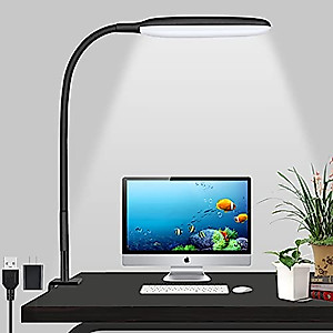 CELYST LED Desk Lamp with Clamp, 10W Flexible Gooseneck Swing Arm Clip Lamp with USB Plug, 3 Color Modes, 30 Brightness Levels, Eye-Caring Portable Desk Light for Home Office Reading Working (Black)