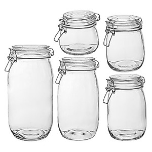 HomEquip 5-Piece Airtight Canister Set with Clip Top Lids (Clear Glass): Kitchen Preserving Storage Jars - Great Dry Food Pantry Containers for Pasta, Cereal, Cookies, Sugar, Flour, Coffee & Tea