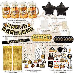 happy birthday decorations for men women - (61pcs) black and gold party decorations Banner, Sign Latex Balloon,Fringe Curtains and cheers to you Foil Balloons,Hanging Swirl,photo props,birthday sash