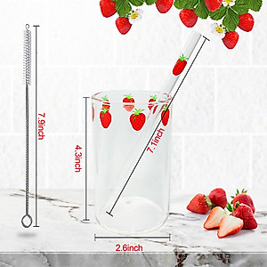 BolianOvi Cups, 2 Sets - 300ML Thickened Glass Tumbler with Straws, Strawberry Pattern, Cute Drinking Cups for Water, Juice, Milk, Coffee, Tea, Gift