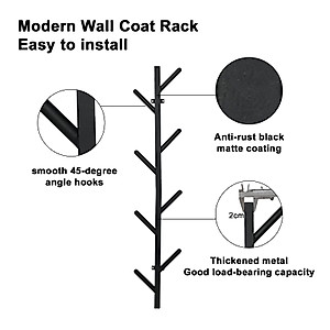 Vertical Coat Rack Wall Mount 2 Pack , Black Hat Rack for Wall with 16 Hooks, Hat Hooks, Wall Mounted Coat Hooks Organizer for Clothes Bags Scarves, Floating Coat Rack for Entryway Bedroom Living Room