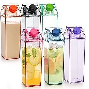 yarlung Set of 6 Plastic Milk Carton Colorful Clear Water Bottle, 17 Oz Portable Milk Box Leakproof Square Juice Bottle for Outdoor Sports Travel Camping