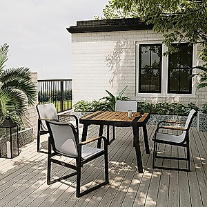 EAST OAK Signature 5 Pieces Outdoor Dining Set, Patio Furniture Set with Finest Teak Wood, Powder-Coated Aluminum Frame Table and Teslin Fabric Chairs, Patio Dining Set for Garden and Yard, Dark Grey