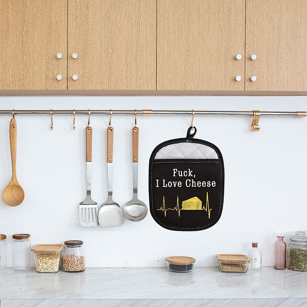 LEVLO Funny Oven Mitt with Hot Pads Cheese Lover Gifts F*ck I Love Cheese Pot Holder for Friend Family (I Love Cheese)