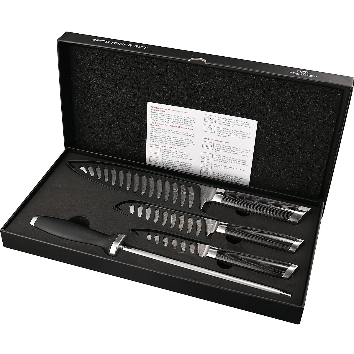 NANFANG BROTHERS Damascus Knife Set 4 PCS, Japanese Knife Set, Chefs Knife Sets Professional, Kitchen Knife Set, 8" Chef Knife, 5" Santoku Knife, 3.5" Paring Knife and Sharpener