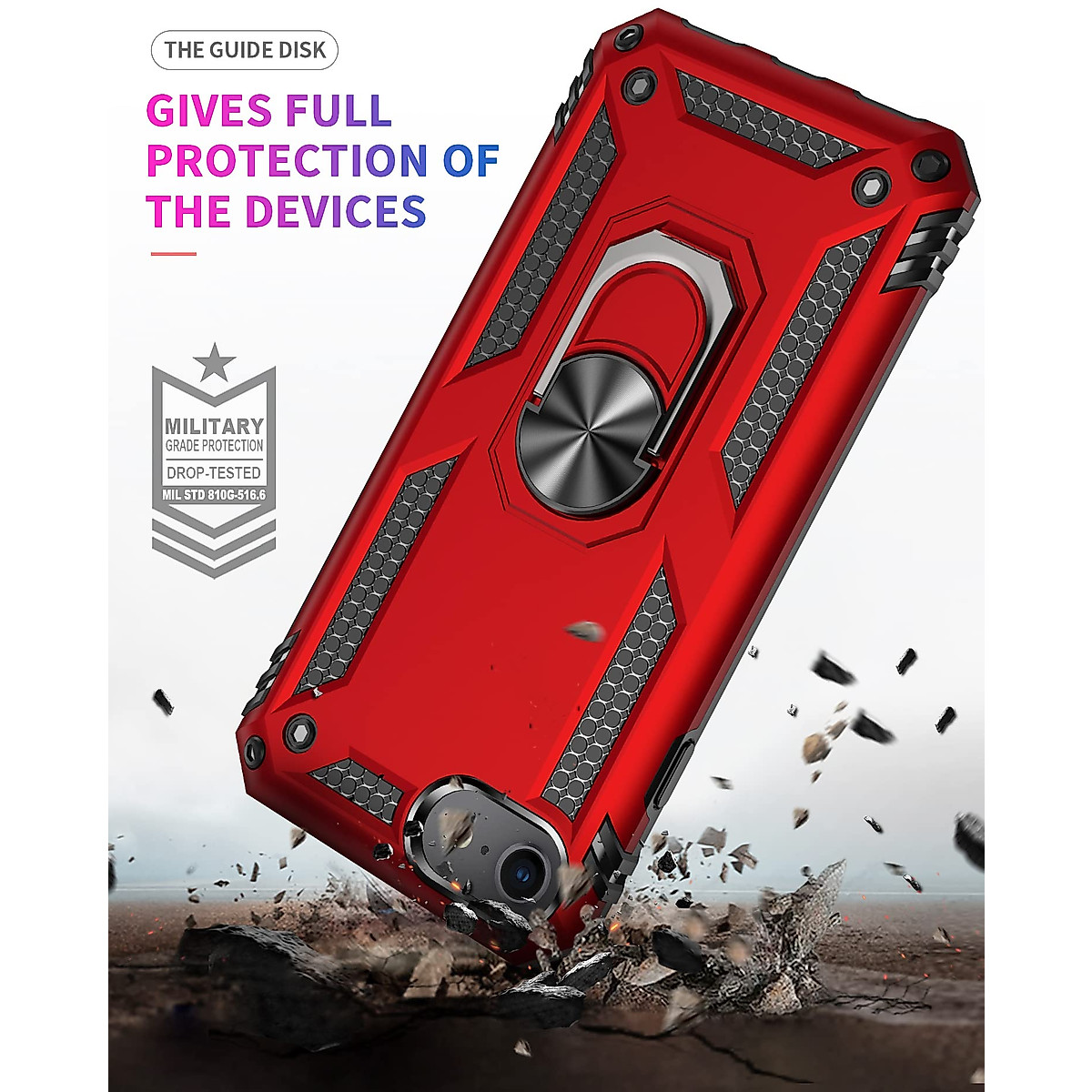 SunStory for iPhone SE 2022 Case, iPhone SE 2020/8/7 Case with HD Screen Protector & Magnetic Ring Kickstand,[Military Grade] Cover for iPhone SE 2022/SE 2020/8 /7 Phone (Red)