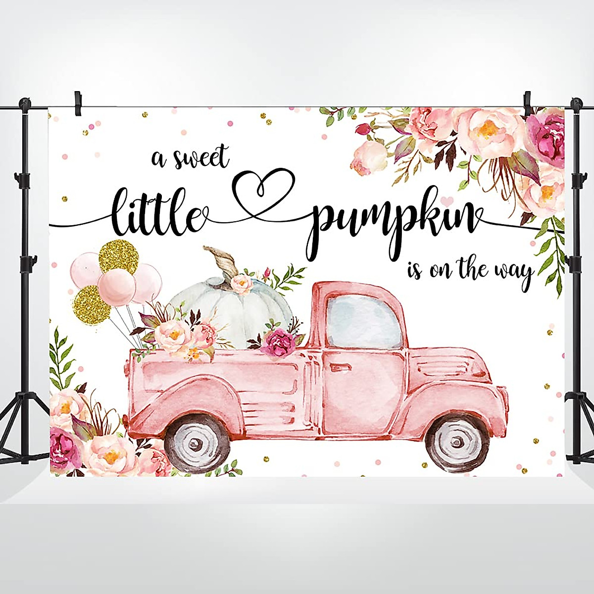 Lofaris Little Pumpkin Girl Baby Shower Photography Backdrops Props Fall Autumn Pink Floral Princess Baby Shower Party Decoration Car Gold Balloon Flowers Photo Studio Booth Background Banner 7x5ft