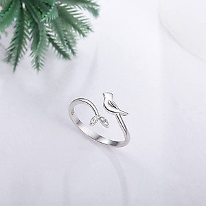 YLT 925 Sterling Silver Peace Dove Animal Jewelry Ring CZ Dove with Olive Leaf Adjustable Open bird of peace rings Gifts for Women Teens