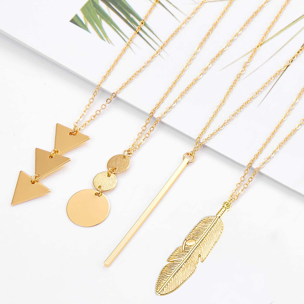 YQZIYOU 4 PCS Long Necklaces for Women - Fashion Pendant Necklace Jewelry, Golden Bar Feather Circle Leaf Lock Tassel Y Necklace Jewelry Set